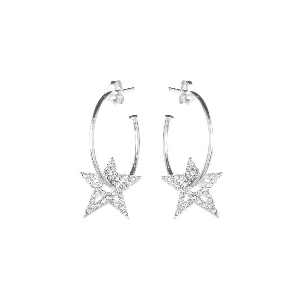 Clear Crystal Star Hoop Silver Earrings