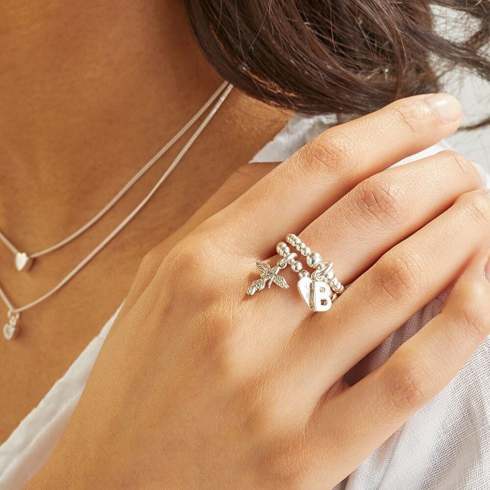 Joyful Silver Ring Stack with Angel and Initial charms