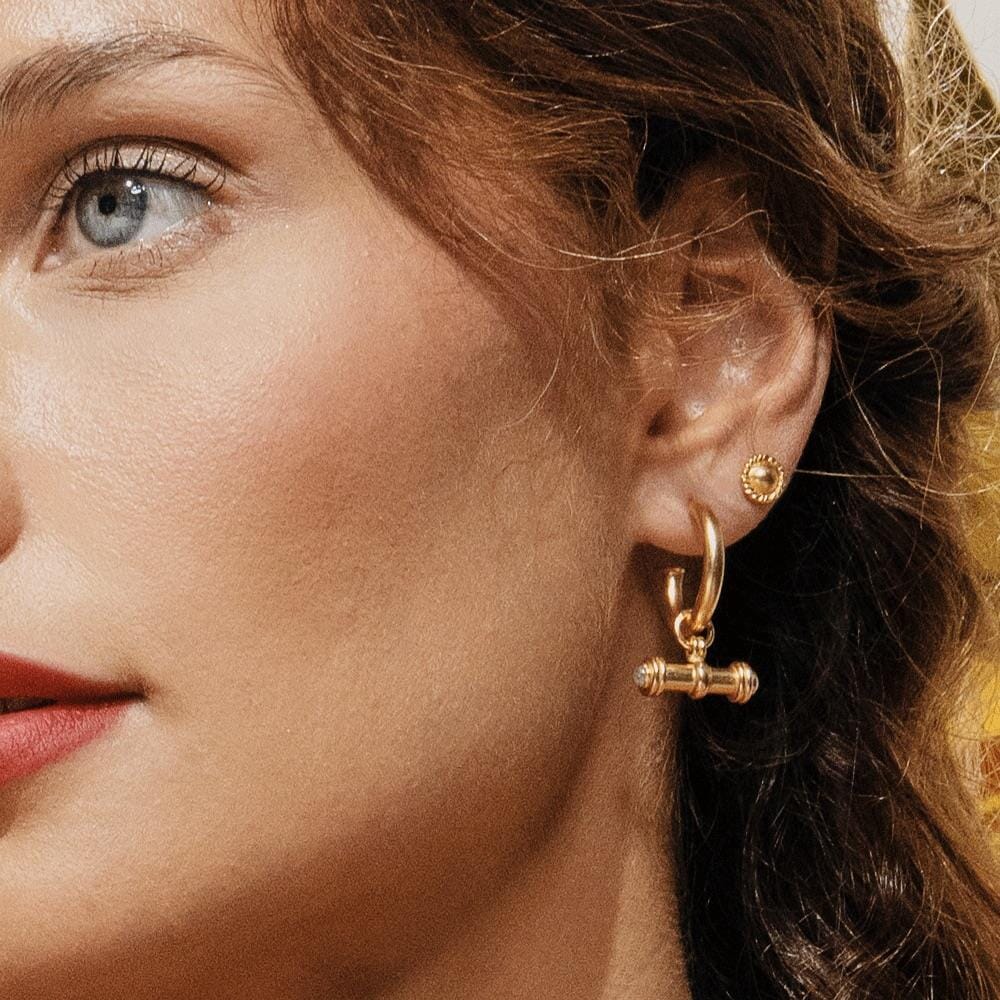 Gold Plated Hoop Earrings with a Solid Bar charm with Moonstone detail - Annie Haak