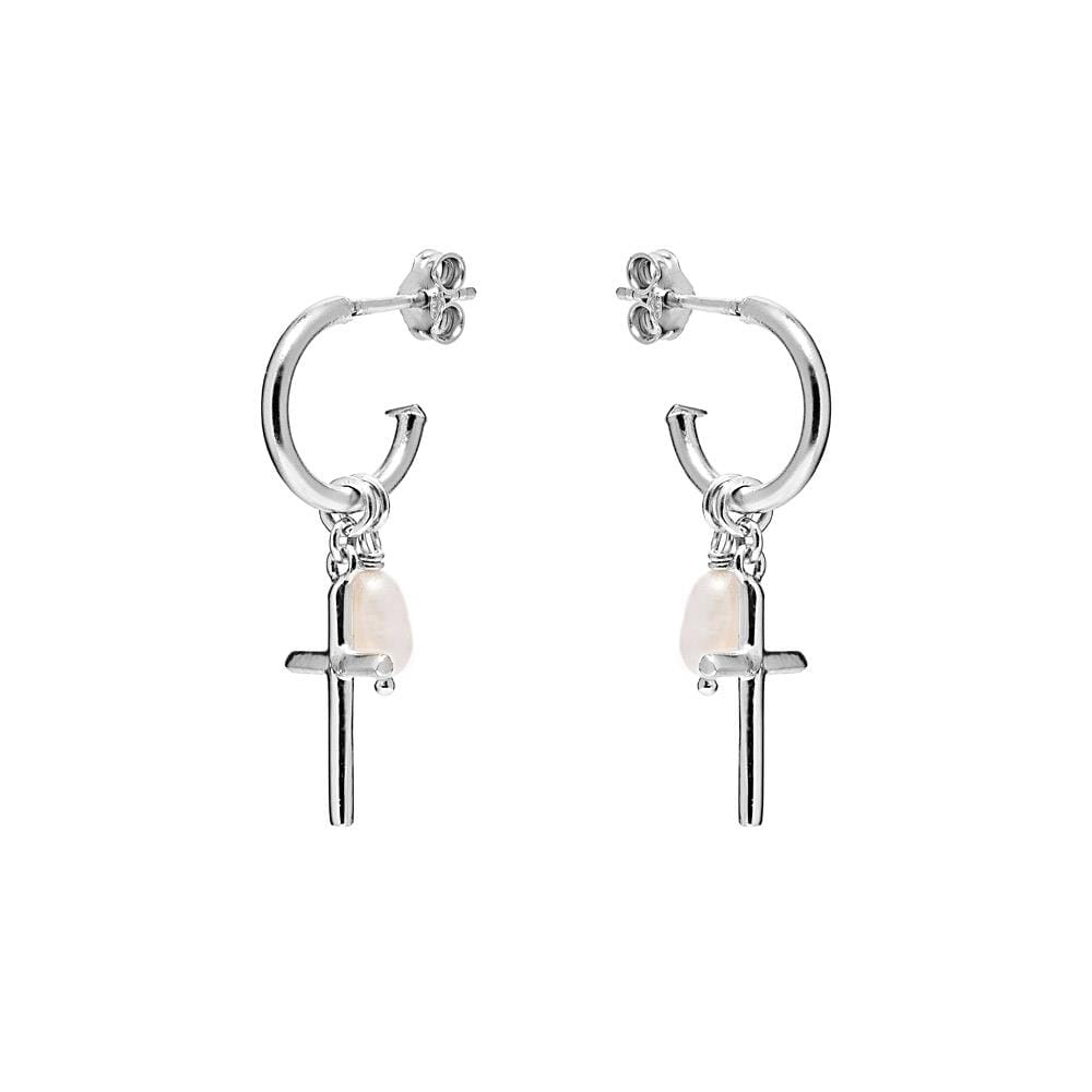 NU&MII Pearl & Cross Hoop Silver Earrings