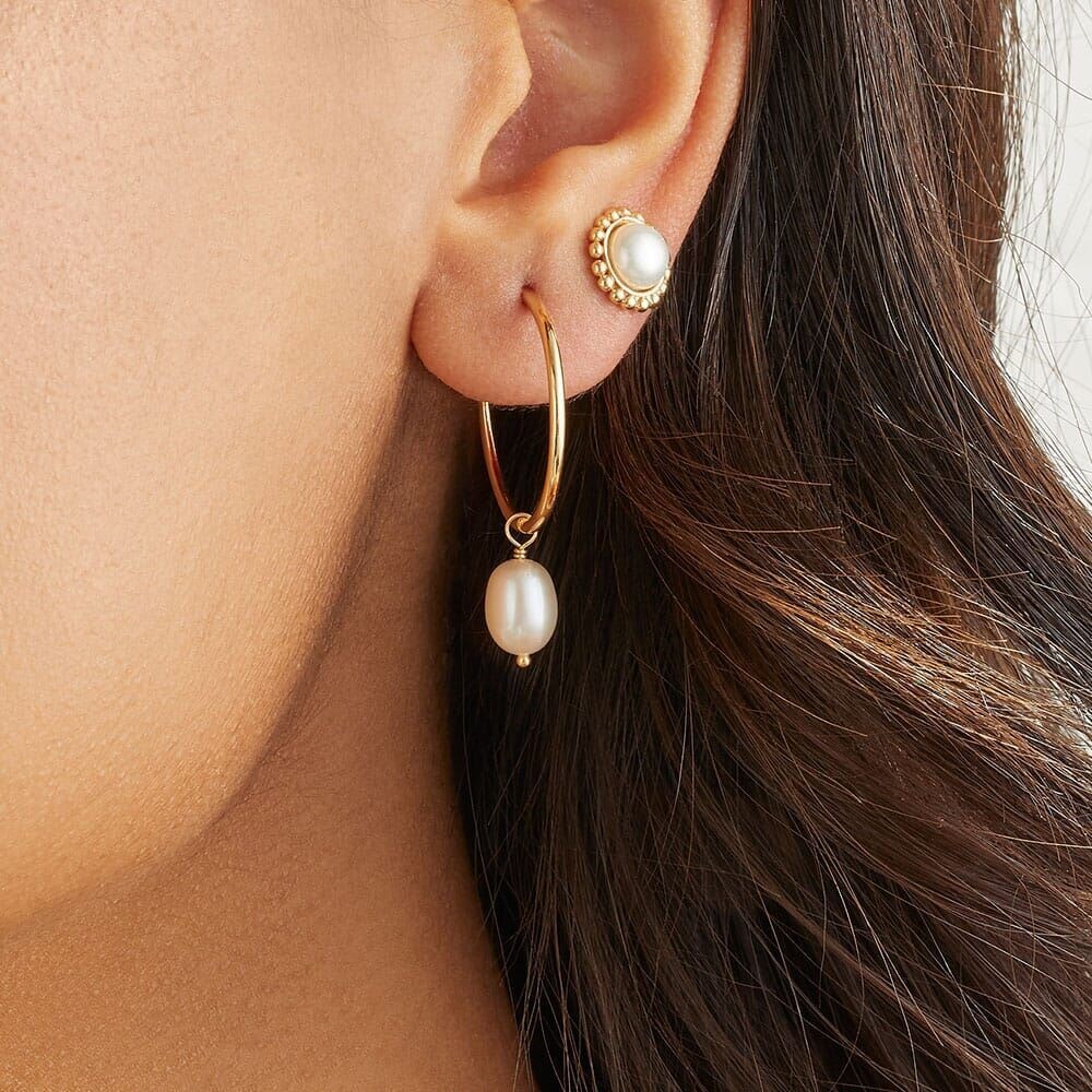 Pearl Drop Hoop Gold Plated Earrings